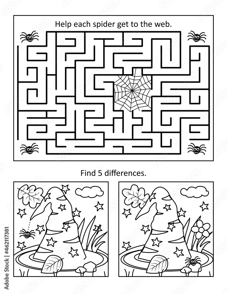 Halloween puzzle page with 2 visual puzzles or picture riddles. Maze ...