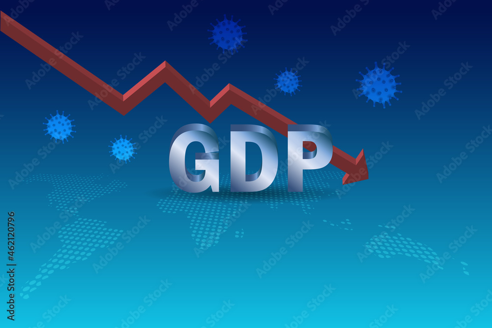 GDP growth graph downfall with world map and covid-19 coronavirus ...