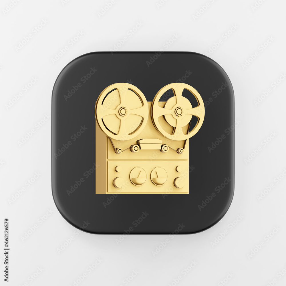 Gold reel tape recorder icon. 3d rendering black square button key, interface ui ux element ...