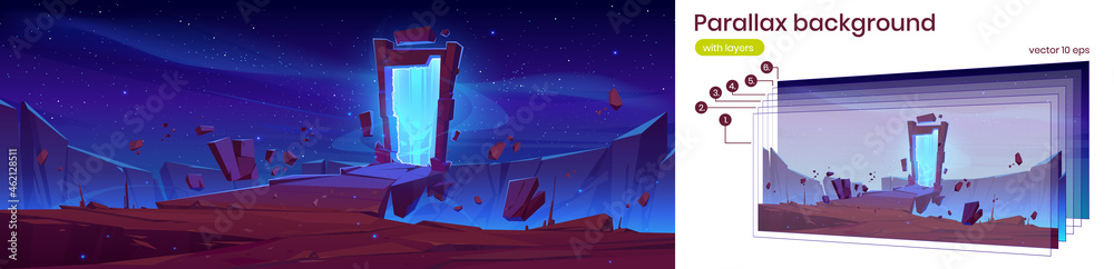 Magic portal in stone frame on mountain landscape at night. Vector ...