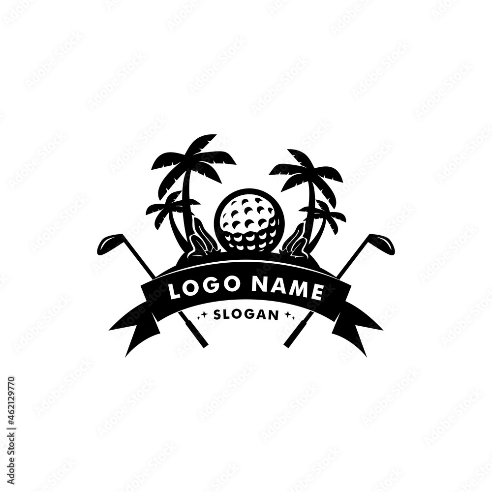 Golf holiday logo vector. Golf island with golf ball, palm tree and ...