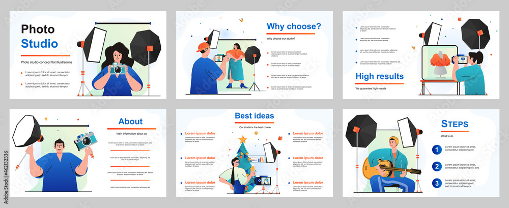 Photo studio concept for presentation slide template. People work as ...