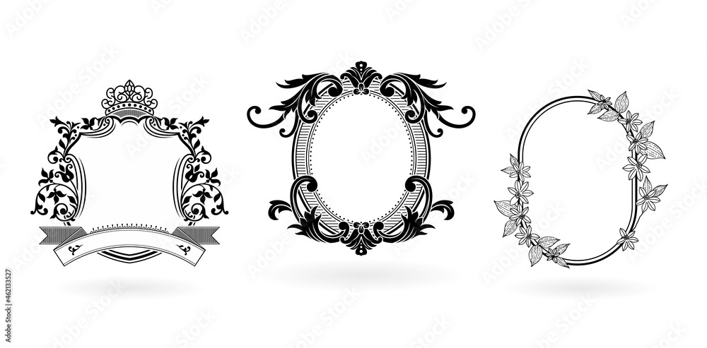 three set of frame and border. Ellipse, shield and oval model elements ... three set of frame and border. Ellipse, shield and oval model elements ...