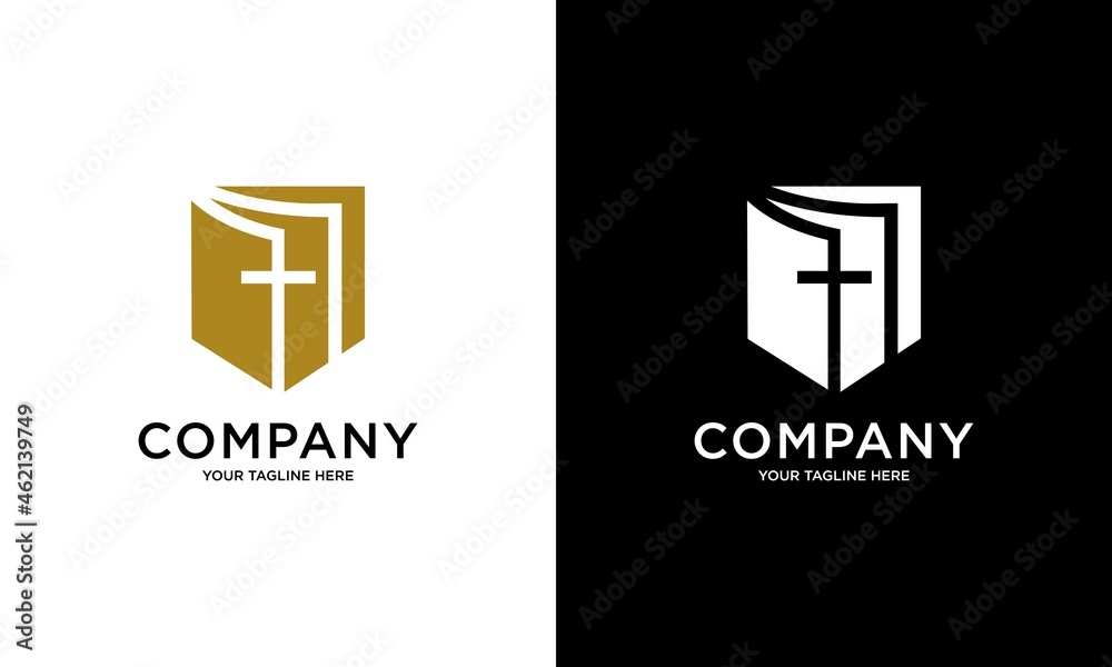 Brown and white cross and book logotype concept. Open book, page. Logo ...