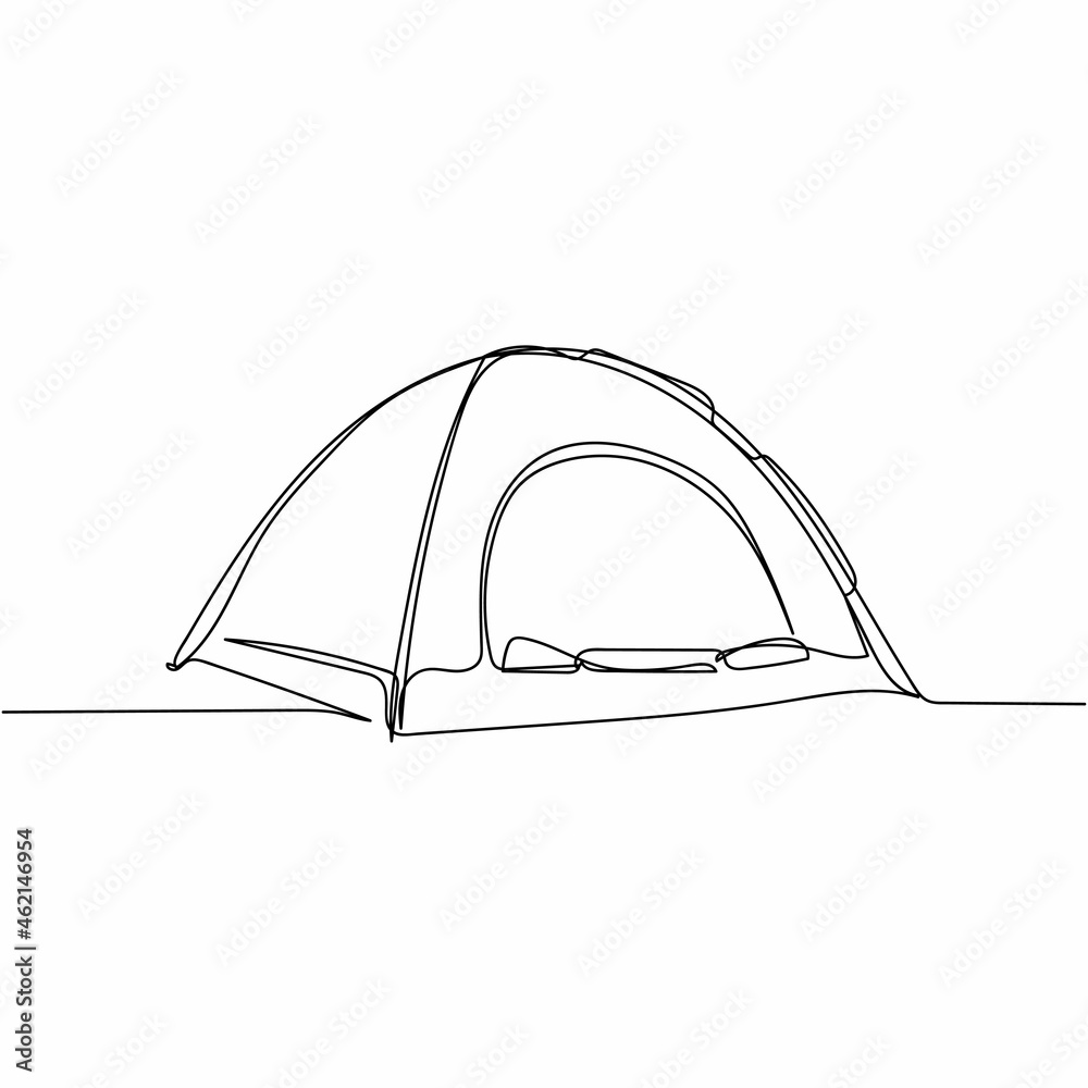 Continuous one line drawing of a camping tent in silhouette on a white ...