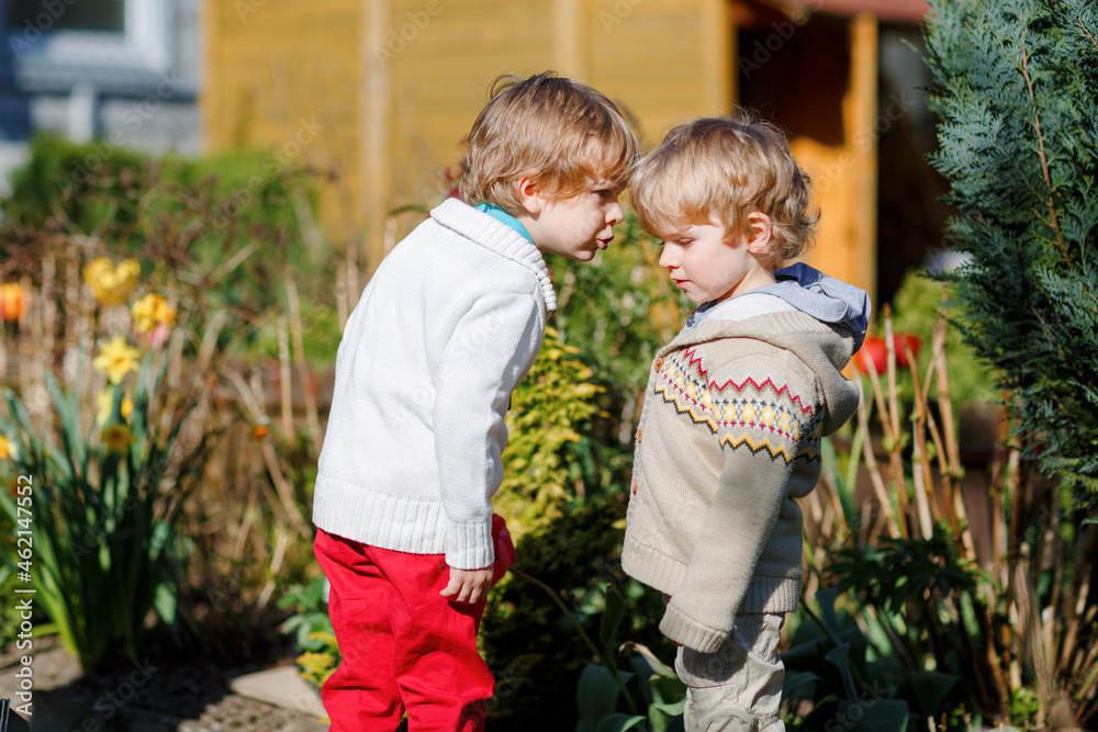 Two little brothers boys fighting and having dispute. Preschool, upset ...