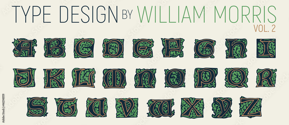 William Morris typography, initials with foliage. Type design with ...