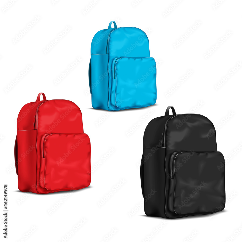 Black, red, blue blank school backpack, realistic vector mockup. Travel ...