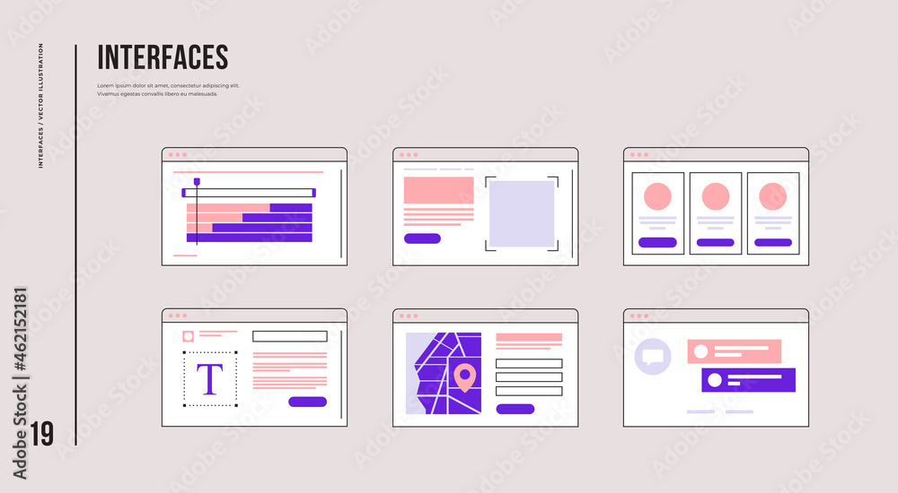 Set of user interface elements, UI and UX theme. Wireframe prototyping system for web and mobile ...