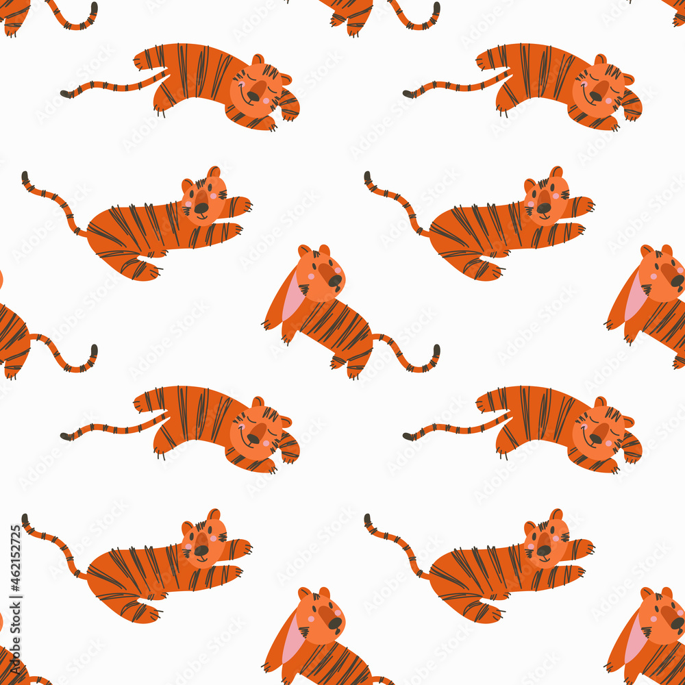 Seamless pattern with simple cute tiger cubs on a white background ...