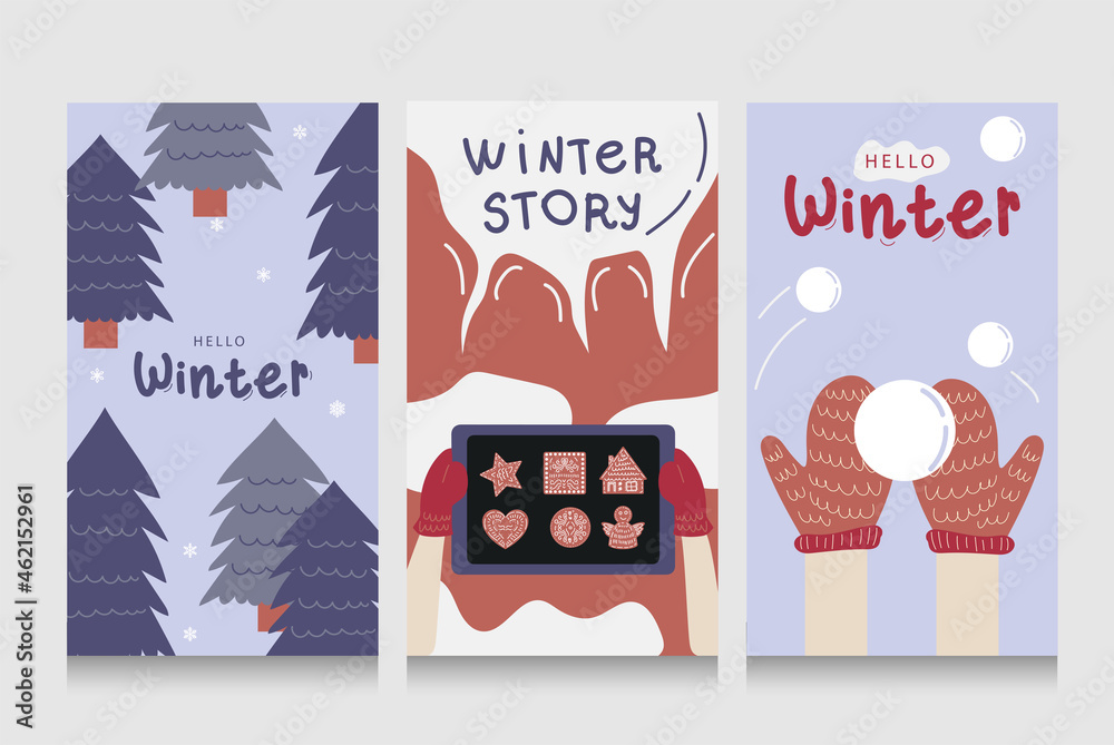 Colorful winter banners with falling snowflakes, snowy trees. Set of ...