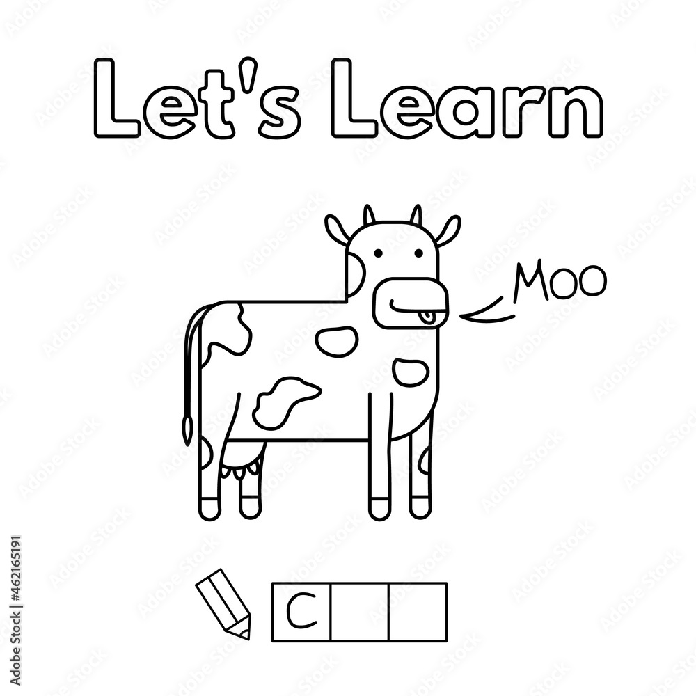 Cartoon cow learning game for small children - color and write the word ...