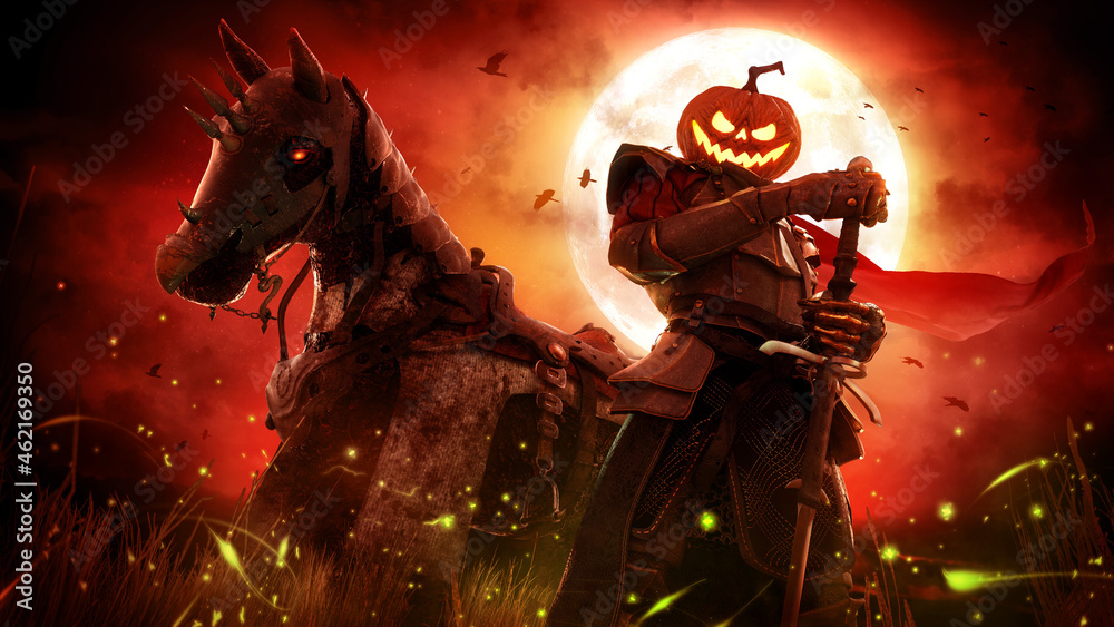 The sinister pumpkin knight stands proudly in the night moon field ...