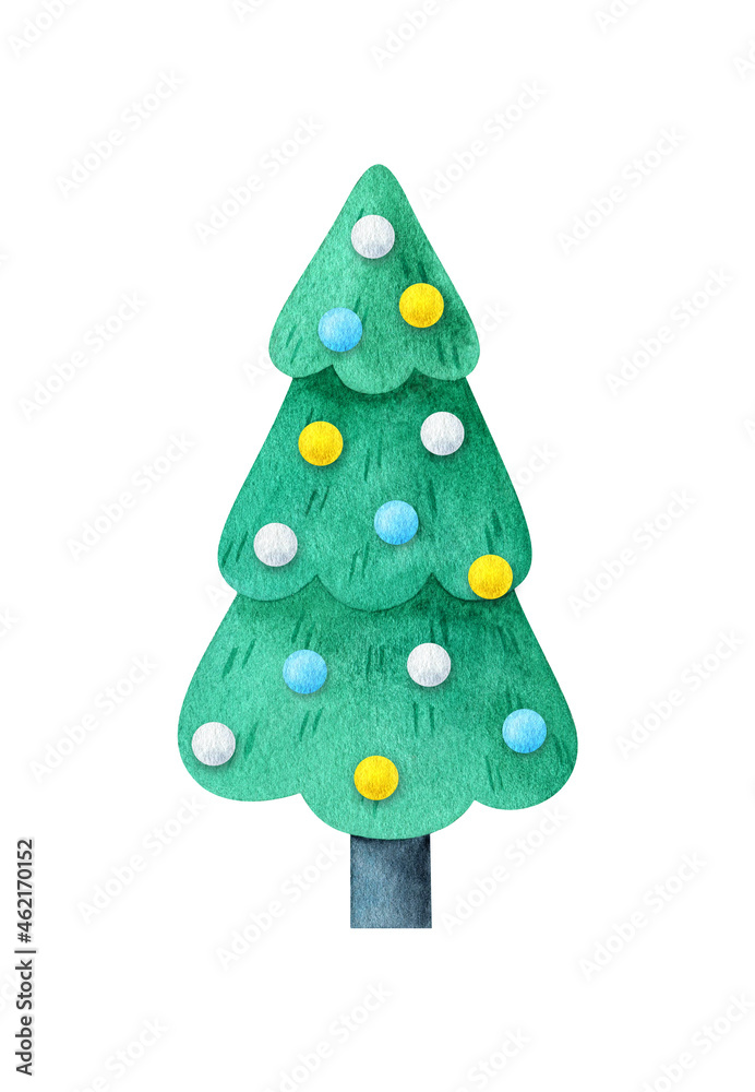 Christmas tree. The image of a decorated green fir tree, a yellow, blue ...
