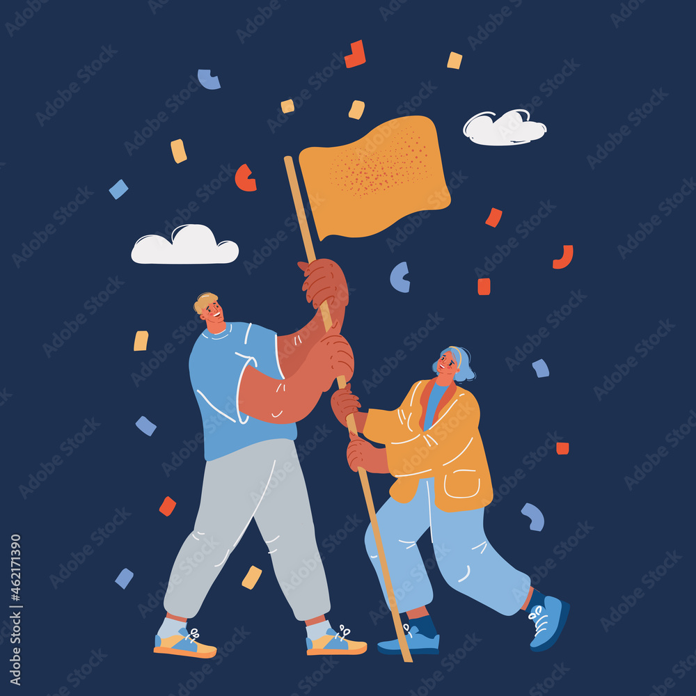 Vector illustration of teamwork, goal achievement, flag as a symbol of ...