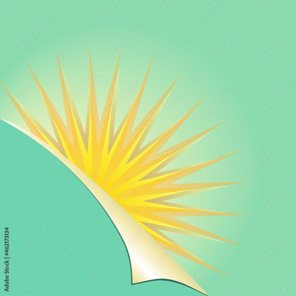 Sun covering the green sheet with a curved corner background. Sunshine ...