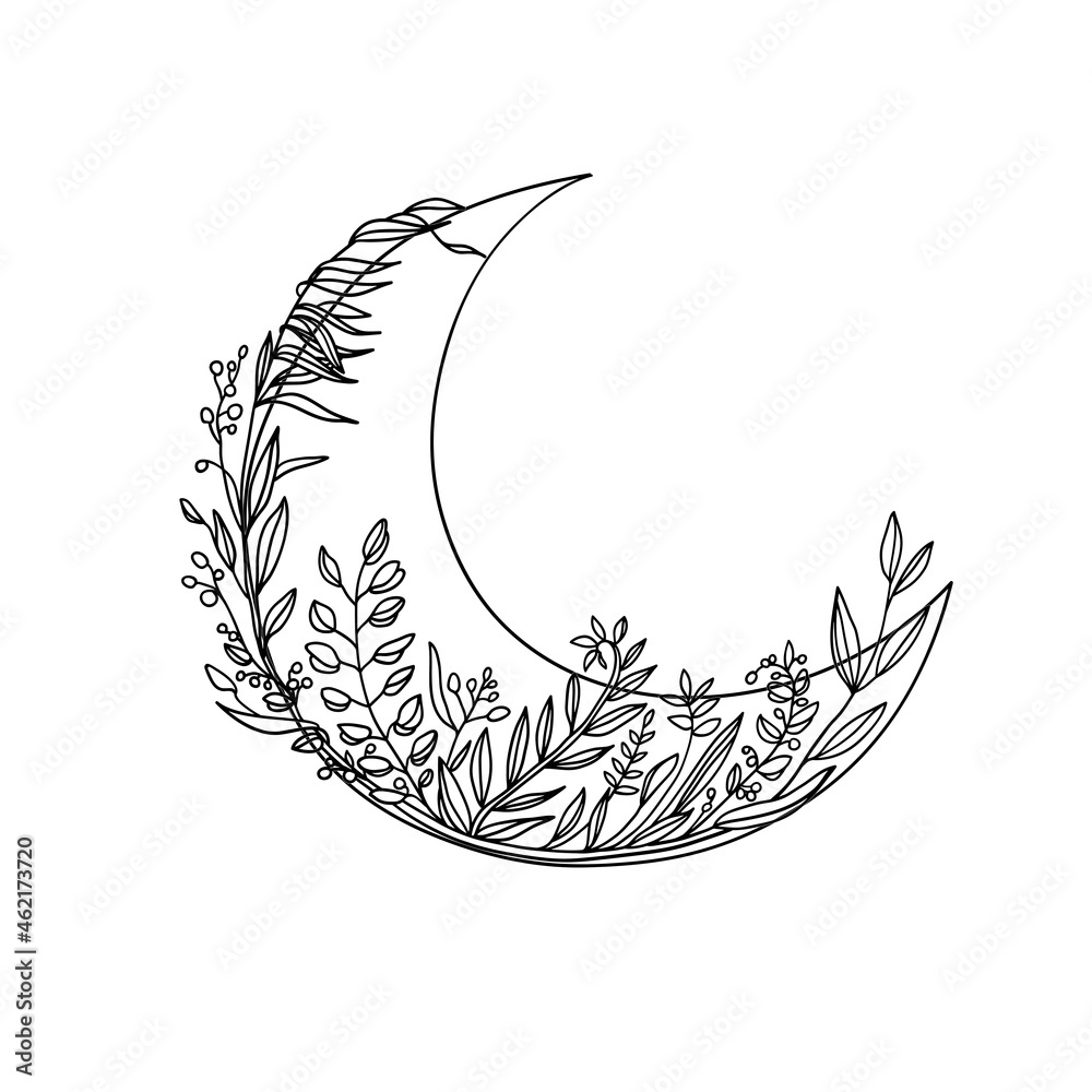 Floral moon illustration on white background. Moon with wildflowers ...