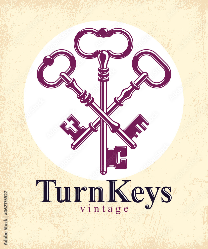 Crossed keys, vintage antique turnkeys vector logo or emblem, protected ...