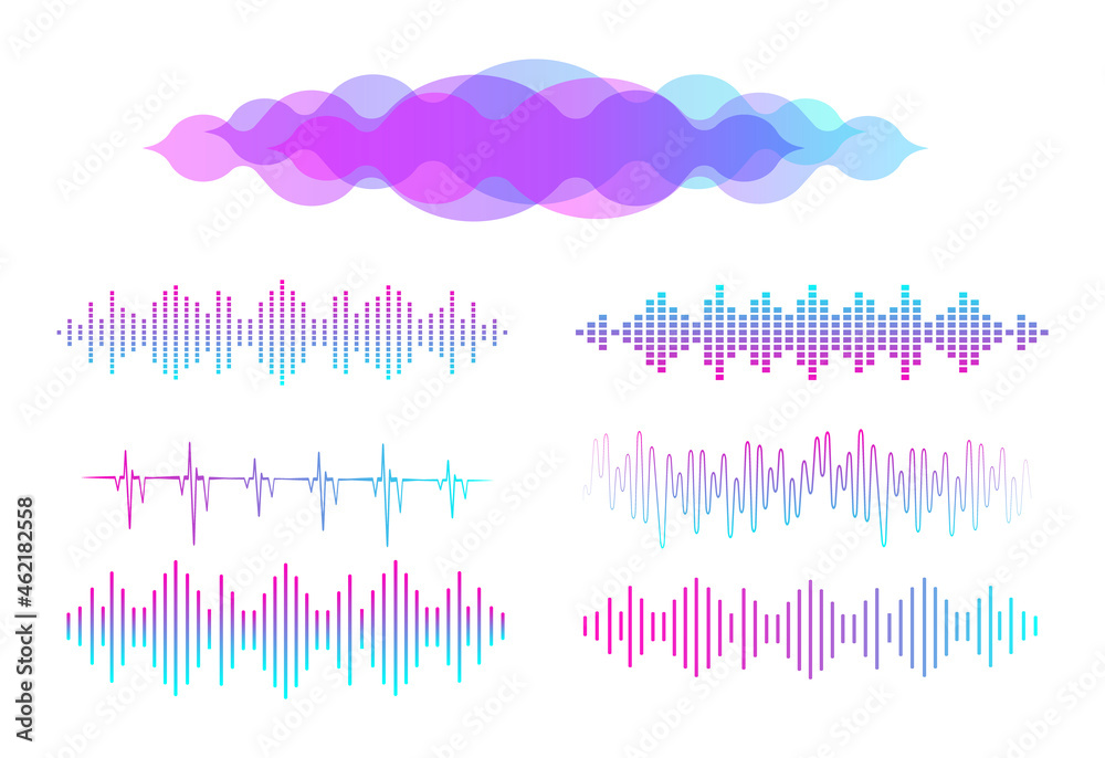 Sound waves set. Multicolored audio equalizer. Audio digital signal ...