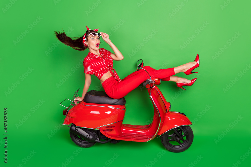 Photo of amazed crazy lady drive moped look empty space wear blouse ...