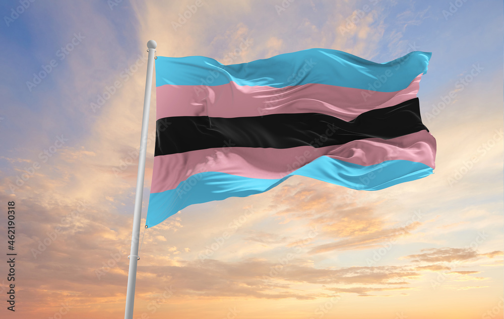Black trans flag waving in the wind at cloudy sky. Freedom and love ...