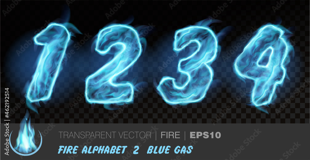 Alphabet of blue gas fire. Transparent realistic vector on dark ...