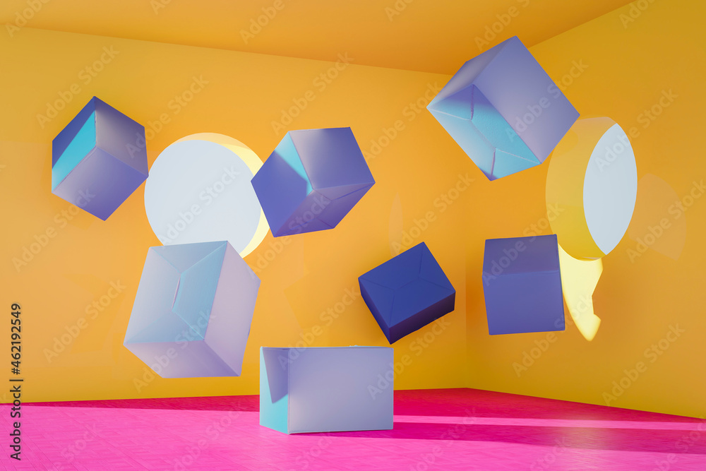 3D rendering, Blue boxes floating in yellow room with pink floor Stock ...