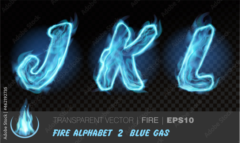 Alphabet of blue gas fire. Transparent realistic vector on dark ...