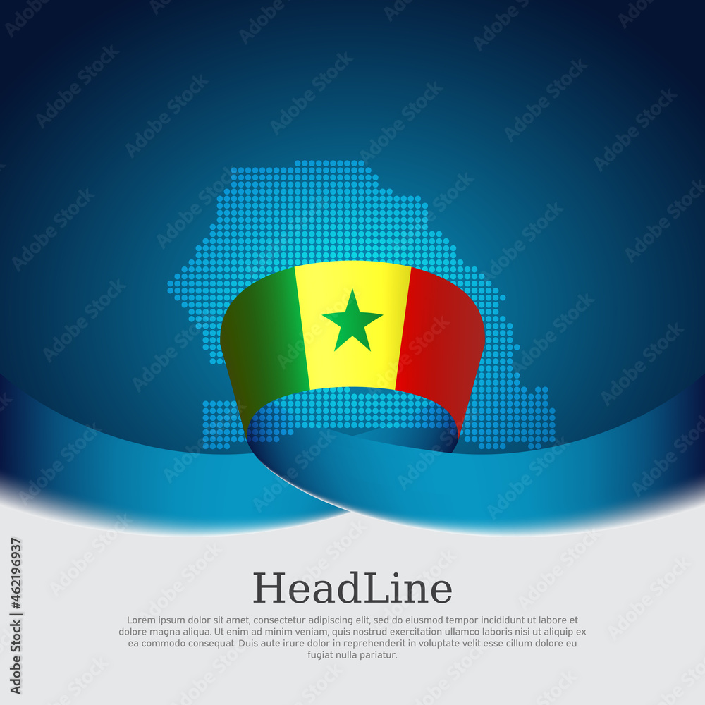 Senegal flag, mosaic map on blue white background. Wavy ribbon with the ...