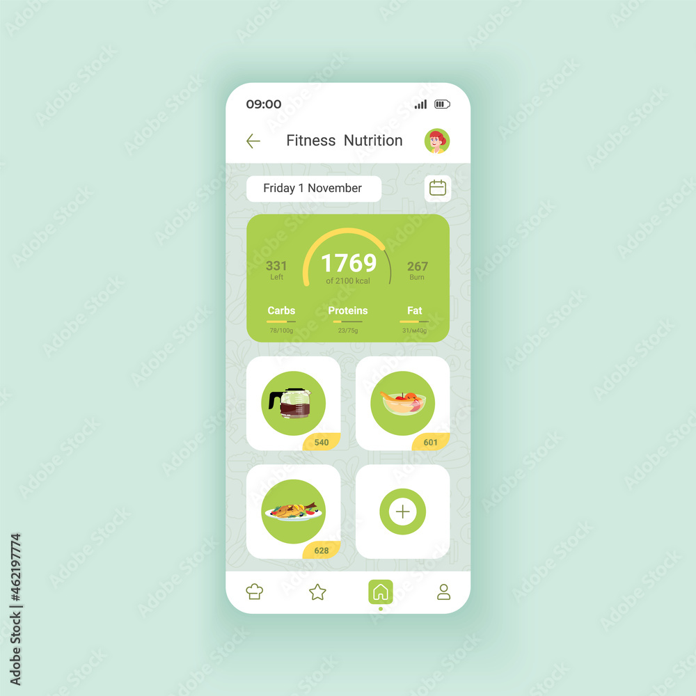 Fitness nutrition dark smartphone interface vector template. Mobile app ...