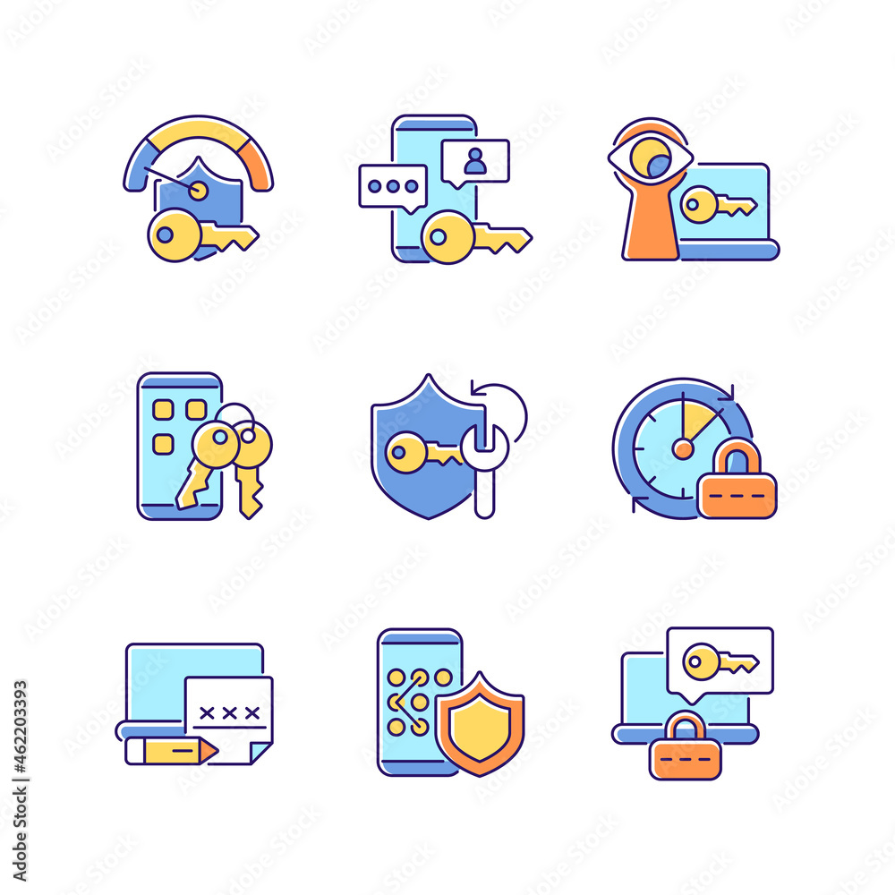 Password requirements RGB color icons set. Internet safety. Cyberspace ...