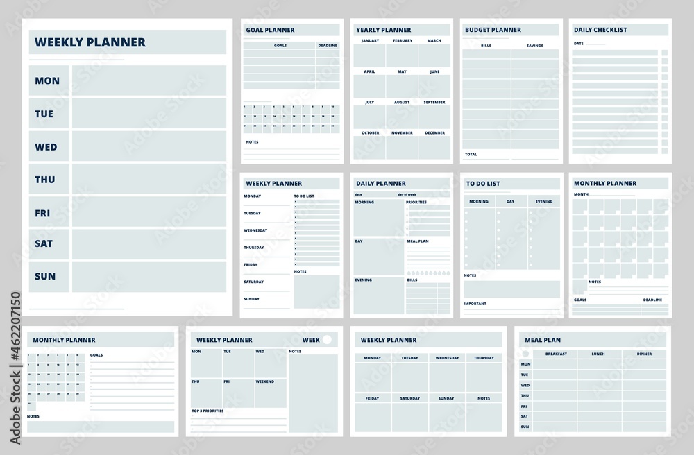 Blank planner templates. Business planners, weekly, daily or meal plan ...