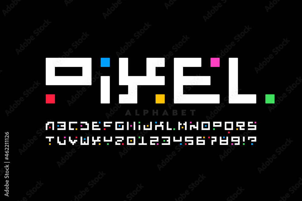 Pixel style font, alphabet letters and numbers vector illustration ...