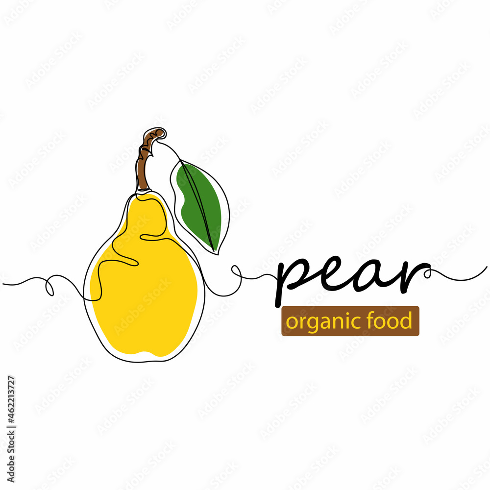 Continuous one line drawing of pear with leaf organic food in ...
