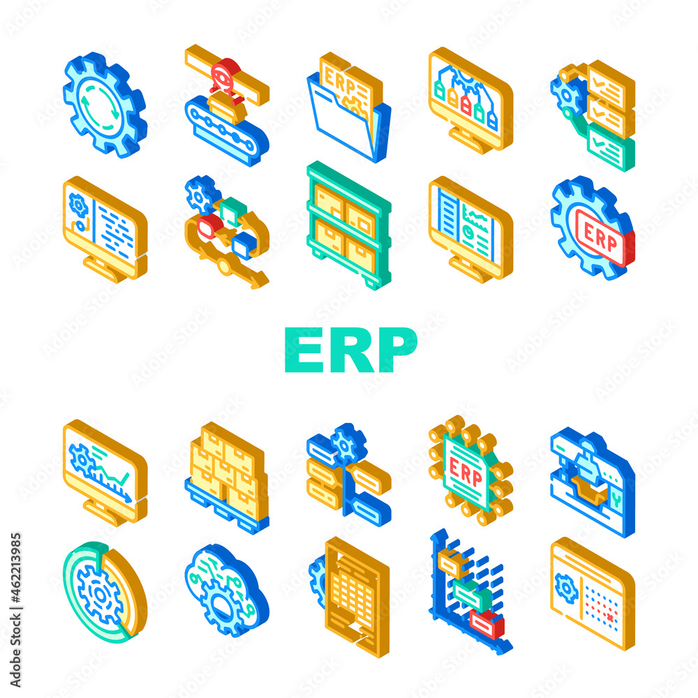 Erp Enterprise Resource Planning Icons Set Vector. Erp Working Process ...