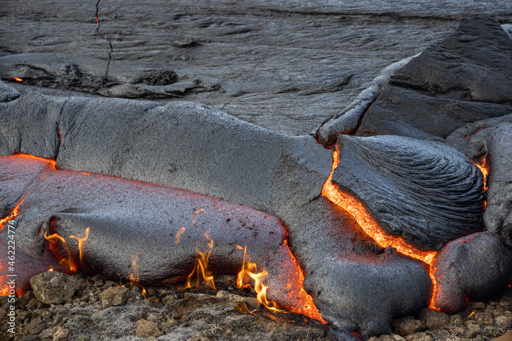 Patterns and forms of lava from an active volcano eruption. Mount ...