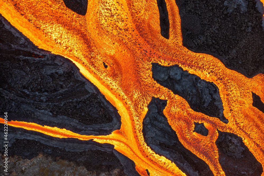 Patterns of lava from an active volcano eruption. Mount Fagradalsfjall ...