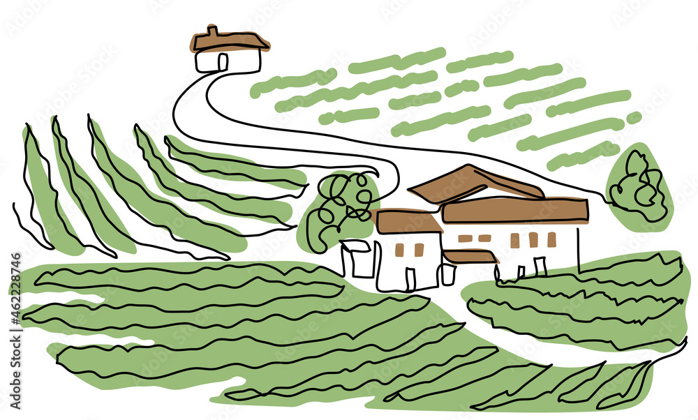 Vineyard farm one continuous line art drawing. Simple vector sketch ...
