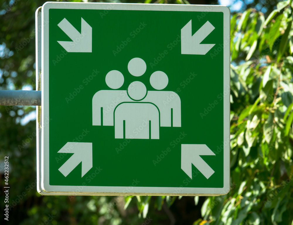 Green and white assembly point sign with tree background, sign is used ...