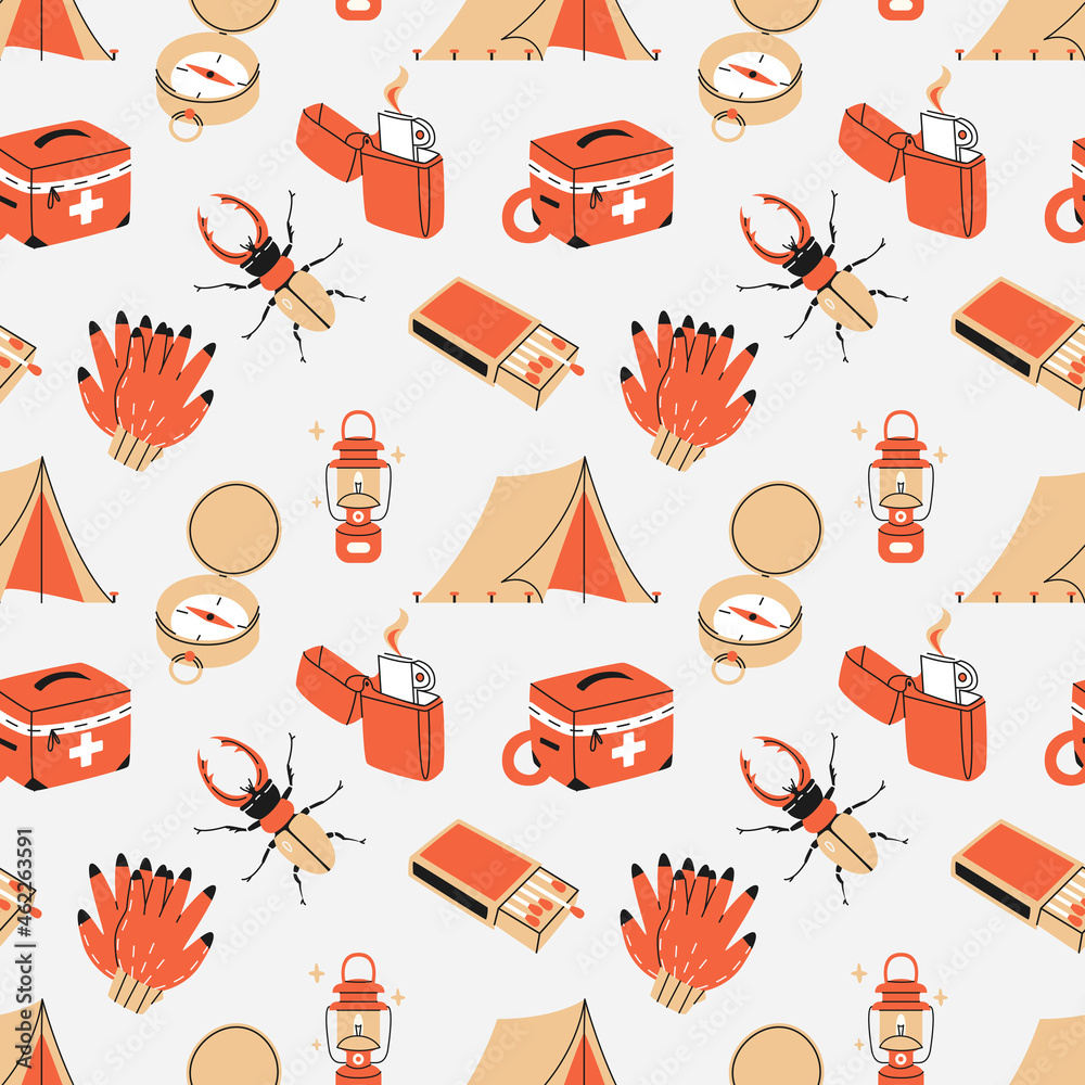 Camping in the woods seamless pattern vector illustration. Survival kit ...