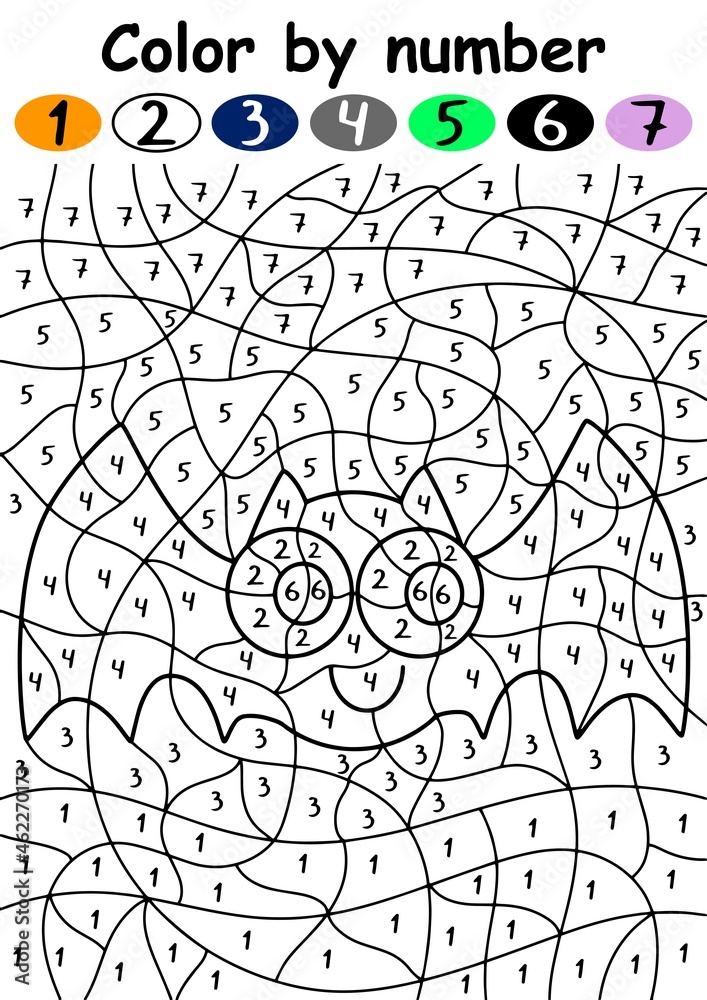 Cute bat color by number vector illustration. Happy Halloween ...