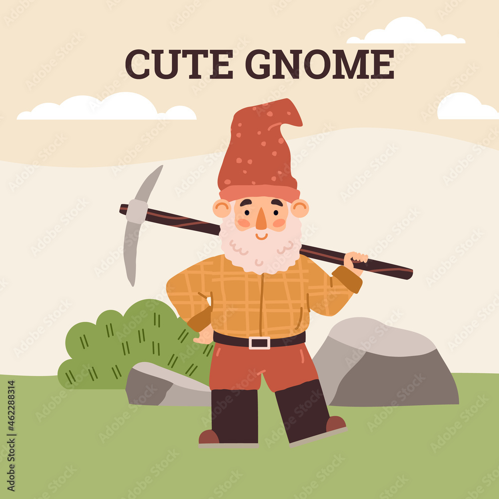 Cute garden gnome with beard, cap and pickaxe, flat vector illustration ...