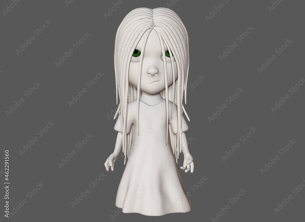 scary cartoon character horror girl with black hair 3d-rendering Stock ...
