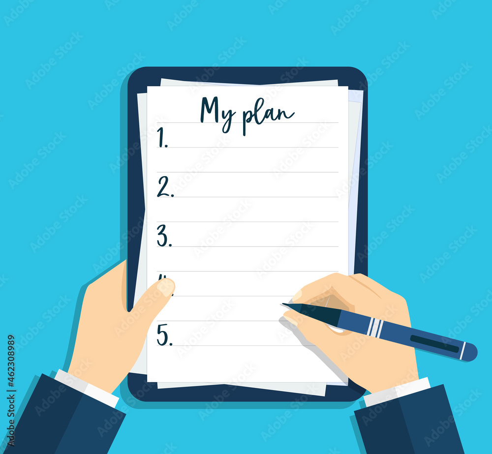 Notebook with plan and list of goals. Hand writing with help of pen in ...