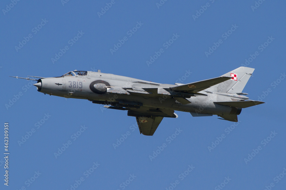 Polish Air Force Sukhoi SU-22 Fitter fighter jet in front of blue sky ...