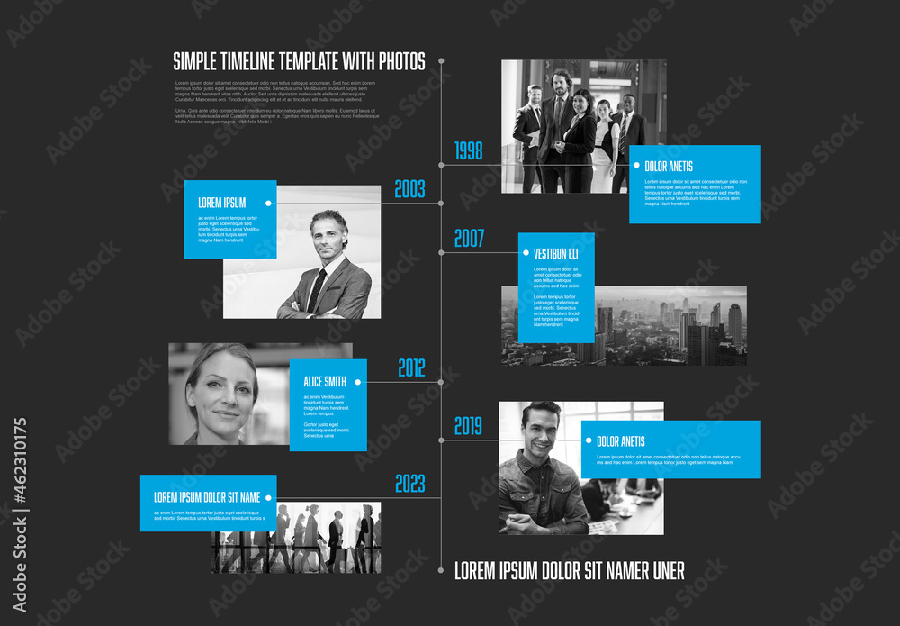 Simple Minimalistic Dark Vertical Photo Timeline Layout with Blue ...
