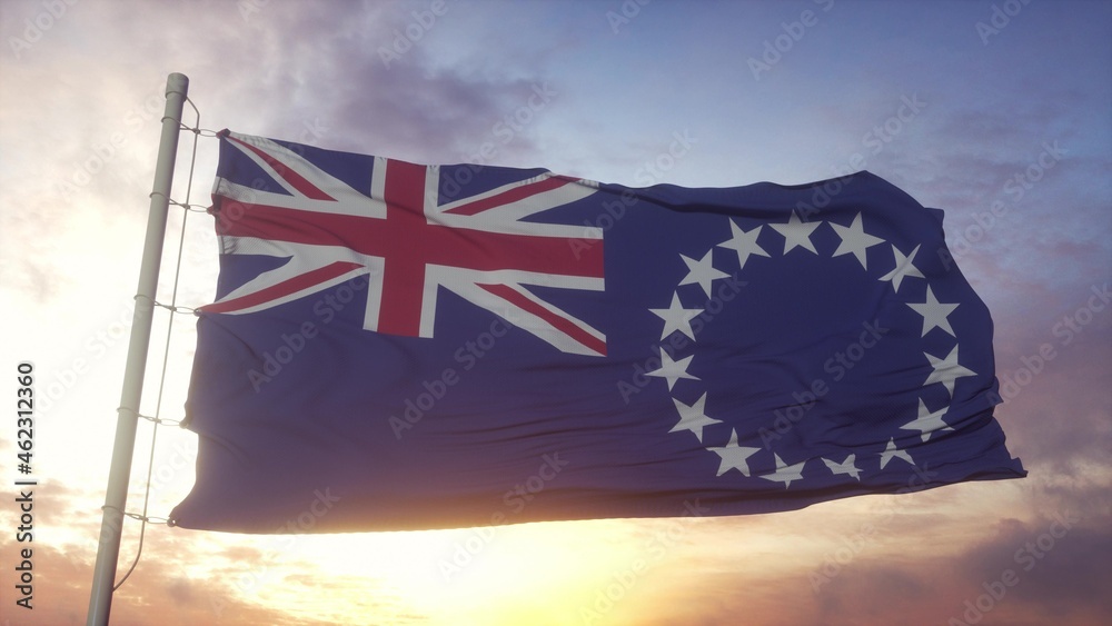 Flag of Cook Islands waving in the wind, sky and sun background. 3d ...