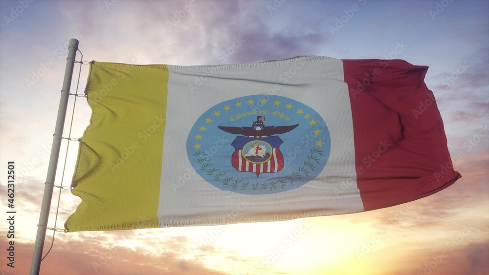 Flag of Columbus, city of Ohio waving in the wind, sky and sun ...