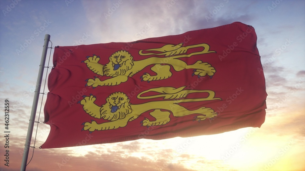 Normandy flag, France, waving in the wind, sky and sun background. 3d ...