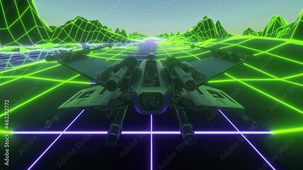 Futuristic spaceship flying through space. Retro futuristic 80's style ...